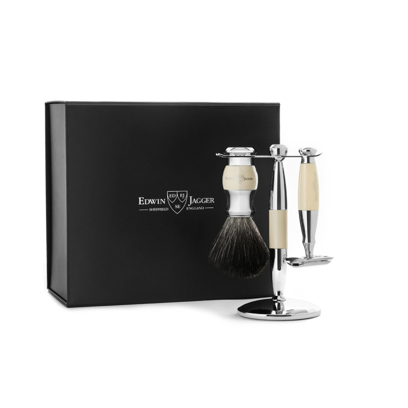 Edwin Jagger Imitation Ivory & Chrome 3 Piece DE Gift Set (Black Synthetic)