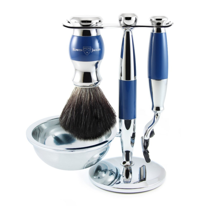 Edwin Jagger Blue & Chrome 4 Piece Mach3 Set (Black Synthetic)